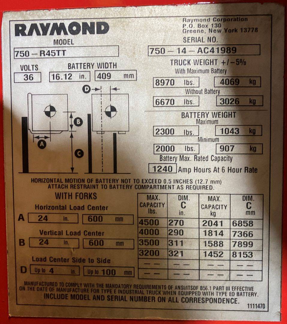 2014 Electric Raymond 750 R45TT Electric Narrow Aisle Single Reach
