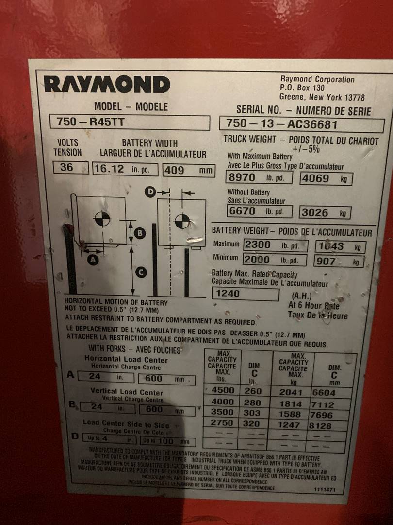 2013 Electric Raymond 750-R45TT Electric Narrow Aisle Single Reach