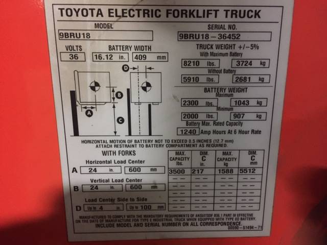 2016 Electric Toyota 9BRU18 Electric Narrow Aisle Single Reach