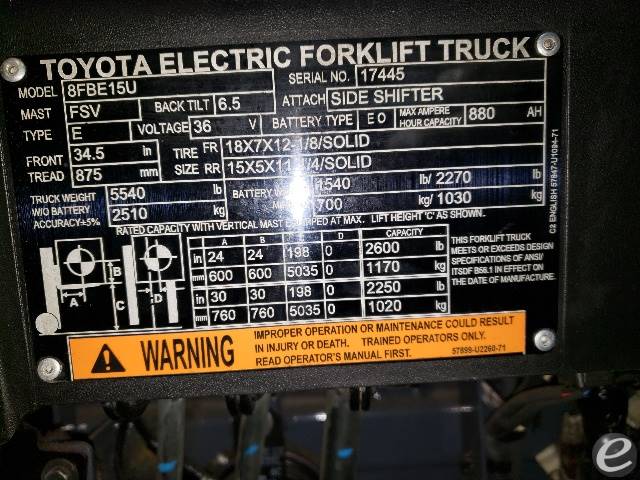 2019 Electric Toyota 8FBE15U Electric 3 Wheel Sit Down