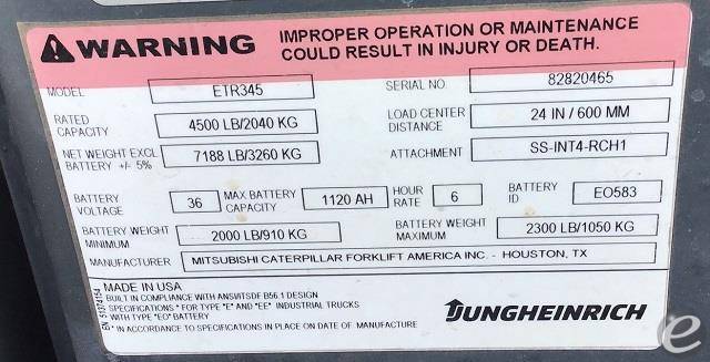 2015 Electric Jungheinrich ETR345 Electric Narrow Aisle Single Reach