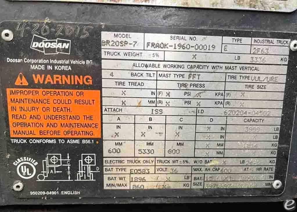 2015 Electric Doosan BR20SP-7 Electric Narrow Aisle Single Reach