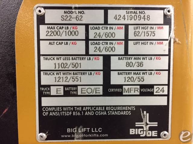 2016 Electric Big Joe S22-62 Electric Walkie Straddle Stacker