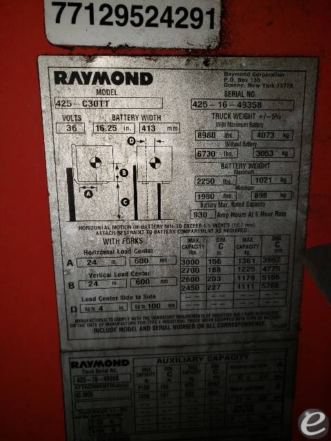 2016 Electric Raymond 425-C30TT Electric Stand Up End Control (Docker)