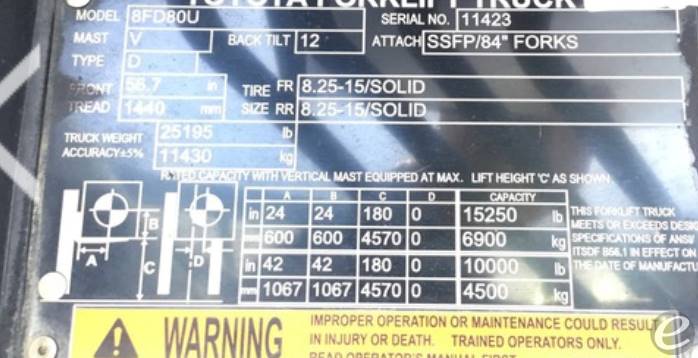 2018 Diesel Toyota 8FD80U Pneumatic Tire 4 Wheel Sit Down