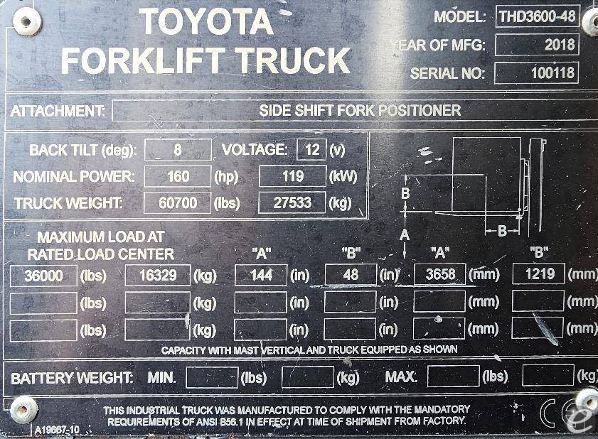2018 Diesel Toyota Sit Down Rider THD3600-48 - 123Forklift