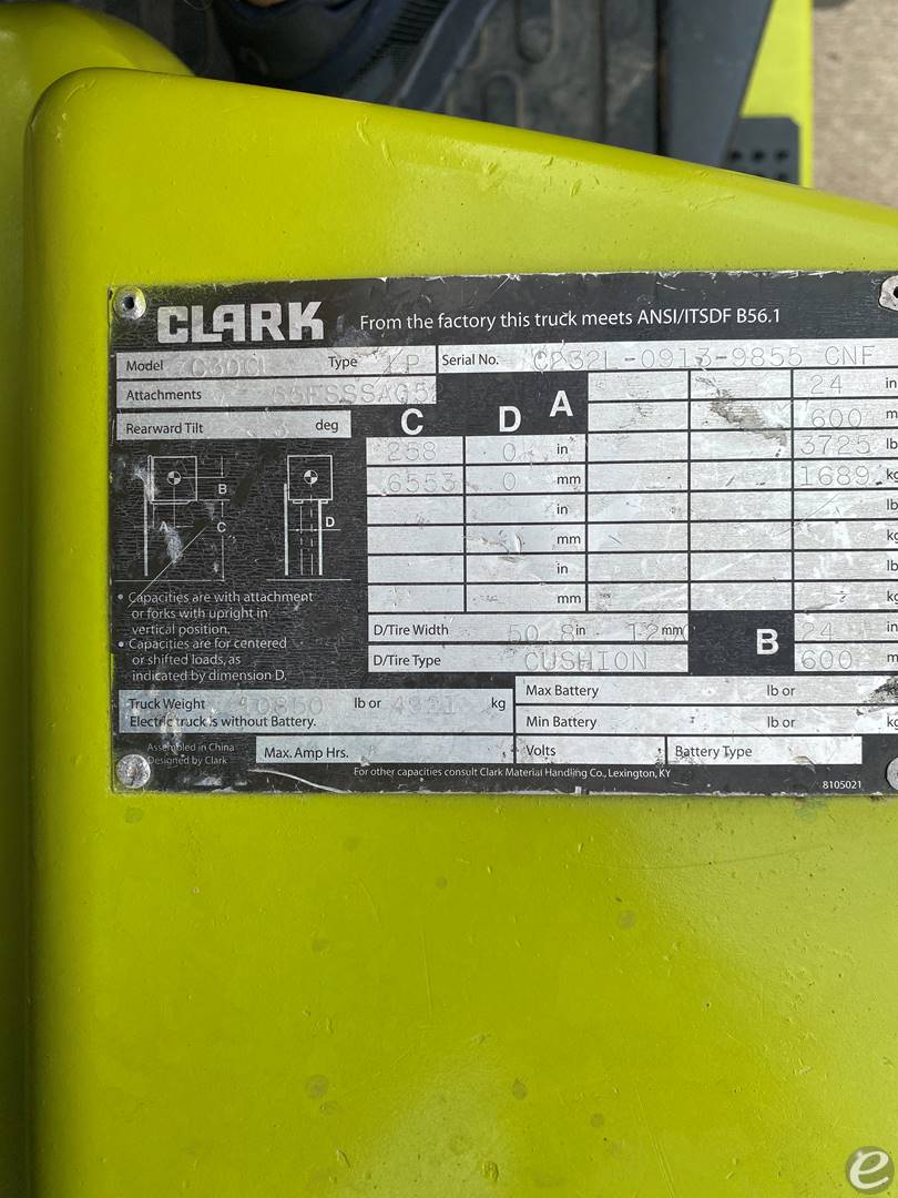 2015 LP Gas Clark C30CL Cushion Tire 4 Wheel Sit Down (Indoor Warehouse)