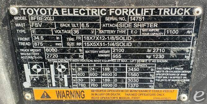 2018 Electric Toyota 8FBE20U Electric 3 Wheel Sit Down