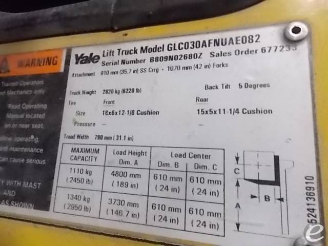 2002 LP Gas Yale GLC030 Cushion Tire 4 Wheel Sit Down (Indoor Warehouse)