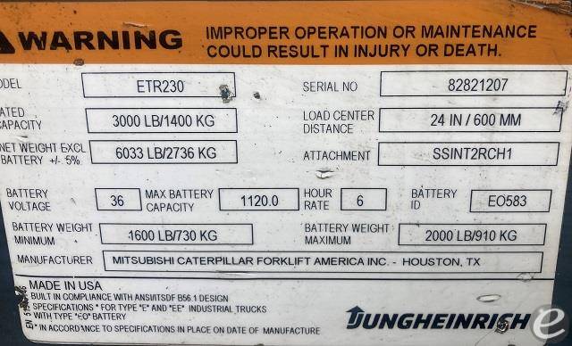 2015 Electric Jungheinrich ETR230 Electric Narrow Aisle Single Reach