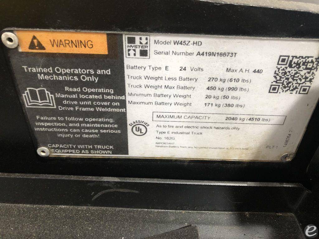 2019 Electric Hyster W45Z-HD Electric Walkie Pallet Jack