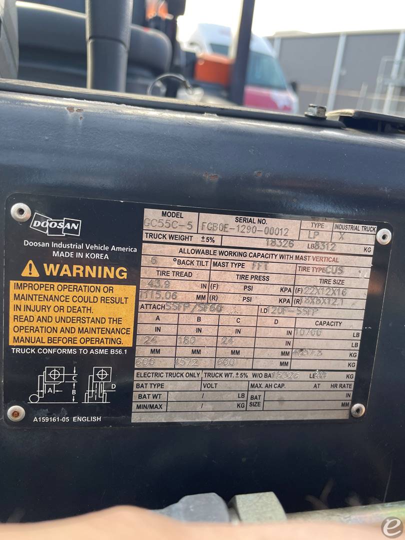 2012 LP Gas Doosan GC55C-5 Cushion Tire 4 Wheel Sit Down (Indoor Warehouse)