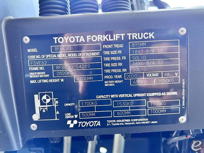 2020 Electric Toyota Sit Down Rider 8FBE20 - 123Forklift