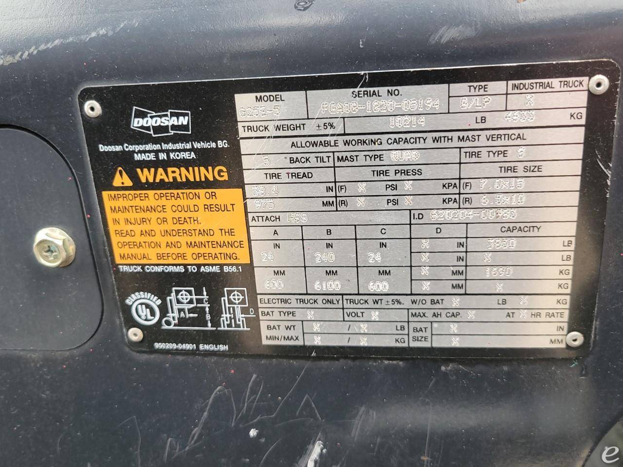 2014 Dual Fuel Doosan G25E-5 Pneumatic Tire 4 Wheel Sit Down