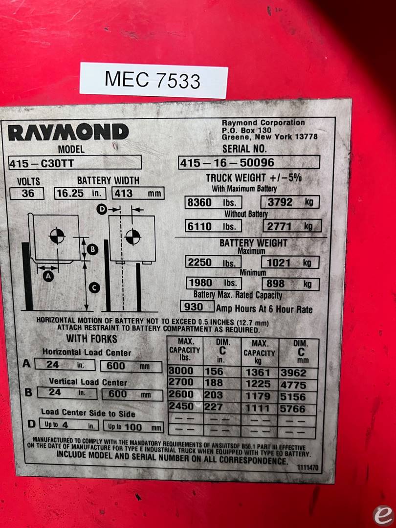 2016 Electric Raymond Sit Down Rider 415-C30TT - 123Forklift