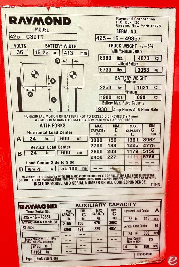 2016 Electric Raymond 425-C30TT Electric Stand Up End Control (Docker)