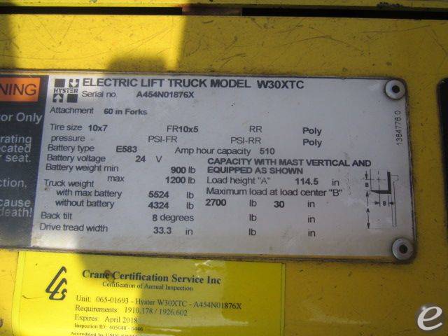 2000 Electric Hyster W30XTC Electric Walkie Counterbalanced Stacker