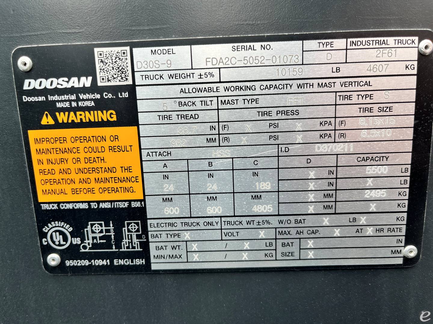2023 Diesel Doosan D30S-9 Pneumatic Tire 4 Wheel Sit Down