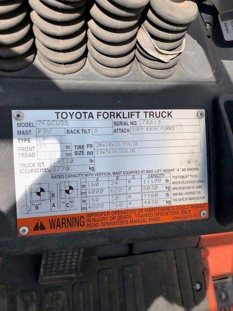 2012 LP Gas Toyota 7FGCU55 Cushion Tire 4 Wheel Sit Down (Indoor Warehouse)